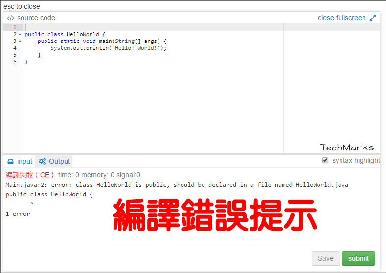 【線上寫程式】編譯執行結果與Debug提醒，支援Java, C++, PHP,Javascript等60多種語言